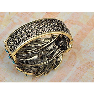 Alilang Womens Antique Golden Tone Peacock Bracelet Bangle With Turquoise Blue Gems, Blue