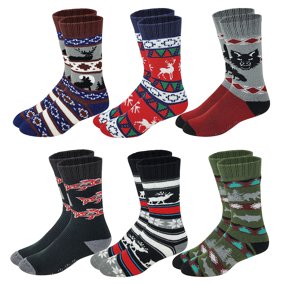 6 pairs Packs Thermal Lodge Socks for Men and Women, Heated Winter Non-Skid Boot Socks, Insulated for Cold (as1, numeric, numeric_10, numeric_13, regular, regular, Assorted Winter Themed, 10-13)