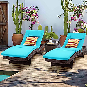 Sundale Outdoor WickerChaise Lounge Set of 2, Rattan Patio Lounge Chairs for Outside, Adjustable Chaise Loungers with Cushions & Pillows for Deck, Indoor, Yard - Steel, Turquoise
