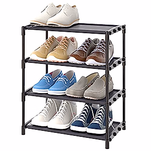 SHELAKET 4 Tiers Shoe Rack, Stackable Organizer for 8-10 Pairs, Non-Woven Fabric Expandable Shoe Shelf Storage Cabinet for Narrow Small Space（HG-Black）