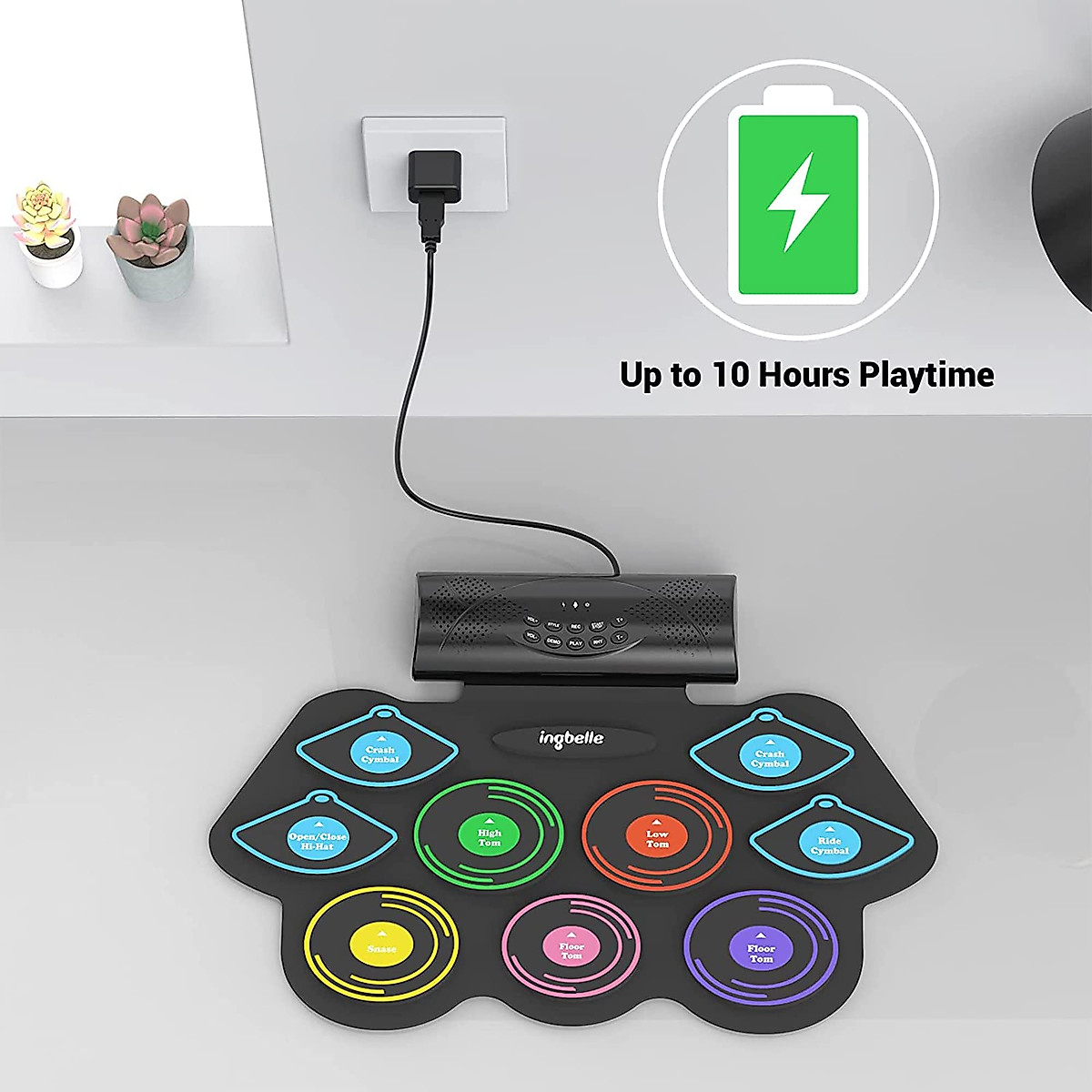 PAXCESS Portable 9 Pad Roll-Up Electronic Drum Set with Realistic Sounds, Foot Pedals, Drumsticks, Built-In Speaker, and Rechargeable Battery