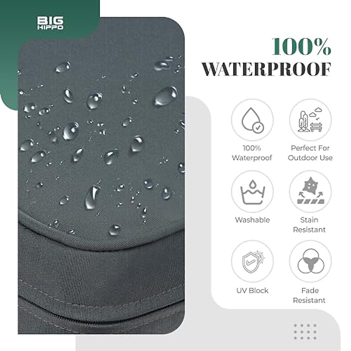 Big Hippo Patio Chair Cushion 16 x 17 Inch Waterproof Outdoor Seat Cushions for Patio Furniture 5-Year Color Fastness Sofa Garden Couch Chair Pads with Handle and Adjustable Straps Set of 2, Gray