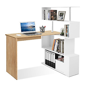Mondeer 41.7" L Shaped Desk with 4-Tier Storage Shelves, Computer Corner Desk for Study Home Office Living Room (Oak and White)