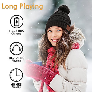 Deegotech Bluetooth Beanie for Women, Unique Tech Gifts for Teen Girls, Music Hat with Wireless Headphones, Pom Pom Knit Winter Hat for Mom Wife Girls-Black Beanie