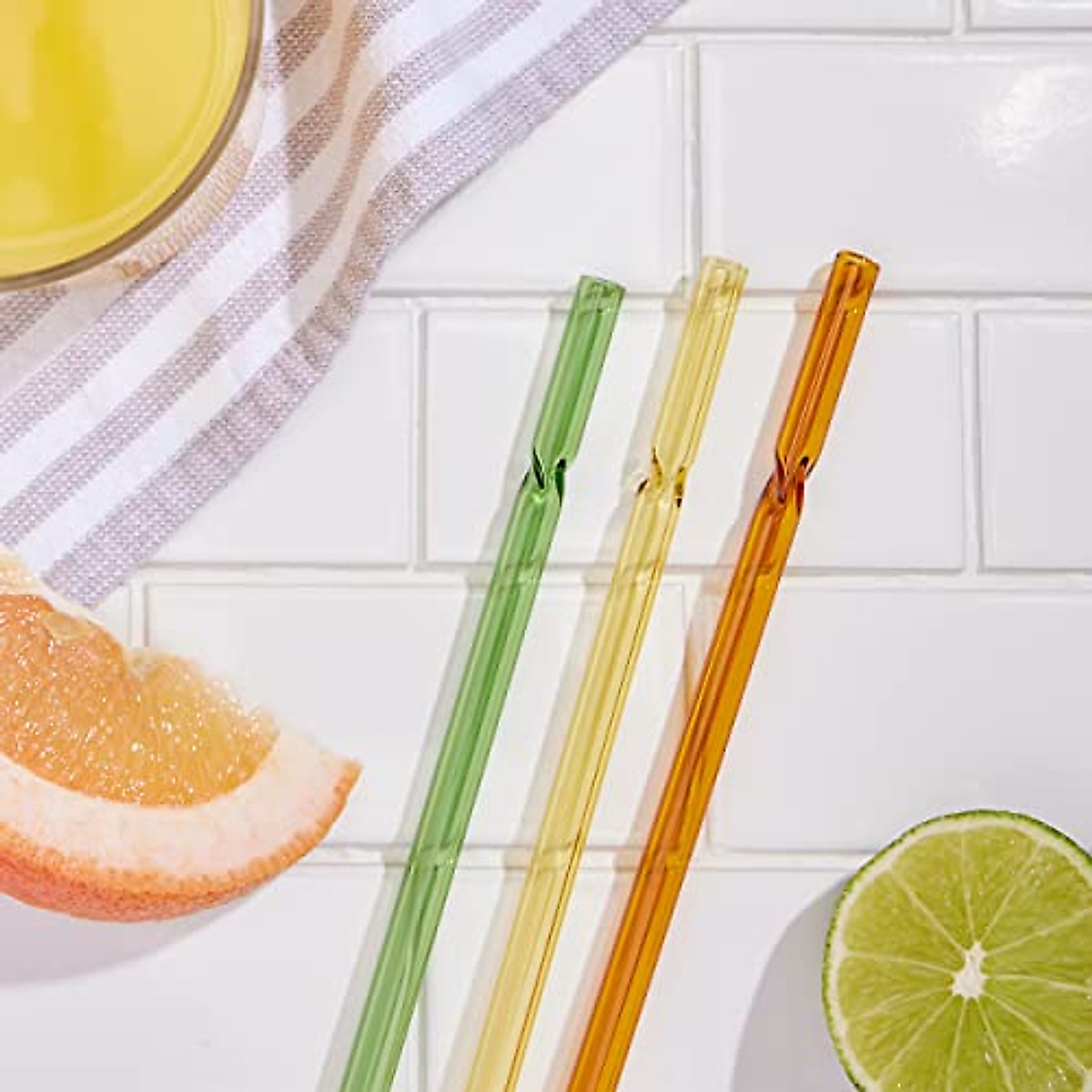 Sweeter Glass Drinking Straw Set | 3-Piece Sleek and Colorful Reusable Straws | 8MM x 10MM | Hot or Cold Drink | Eco-Friendly | Dishwasher Safe (Gold/Light Green/Orange)