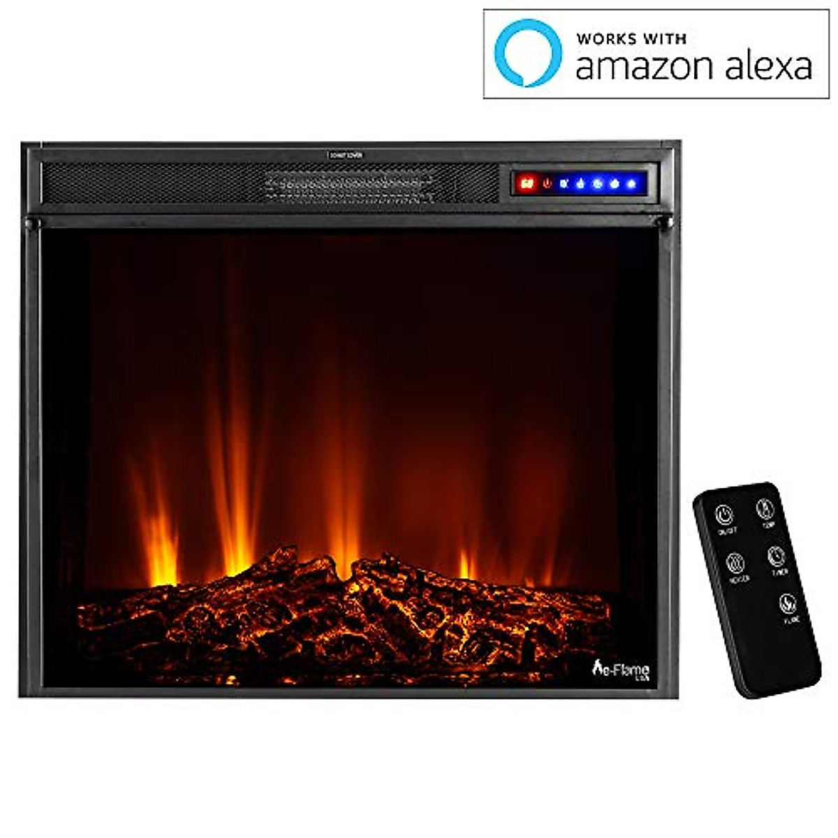 e-Flame USA Whistler LED Recessed Electric Fireplace Stove Insert with Remote - 3D Wood Burning Flame Effect - 28"x24" (Black)