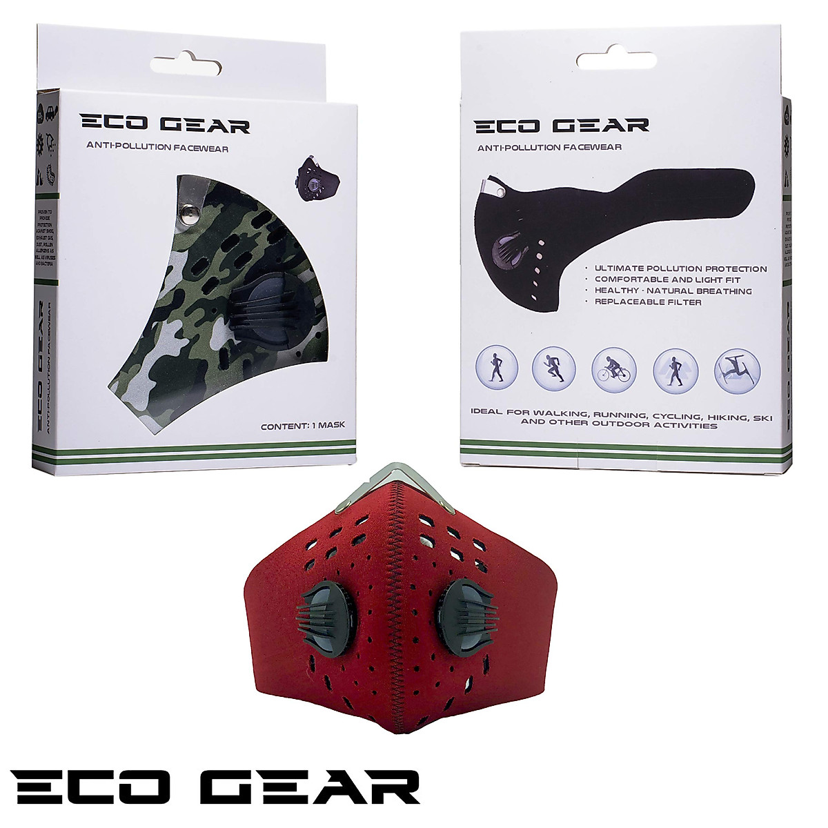 ECO-GEAR Anti Pollution Face Mask with Military Grade Activated Carbon Protection | Anti Smoke, Exhaust Gas, Dust, Pollen | Running, Walking, Cycling and other Outdoor Activities (Pure Red)