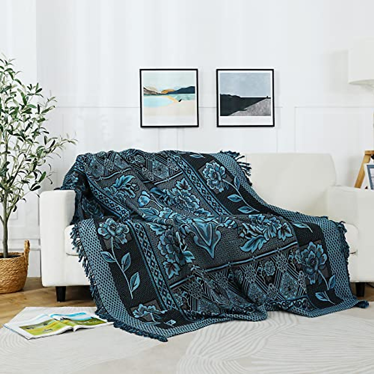 YASHLIE Vintage Large Woven Throw Blanket 70x80 Knit Blanket Chair Cover Bed Blanket (Classical Style/A, Full Bed 70 * 80)