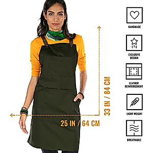 Under NY Sky Essential Army Green Apron – Cross-Back with Durable Twill and Leather Reinforcement – Adjustable for Men and Women – Pro Chef, Tattoo Artist, Baker, Barista, Bartender, Server Aprons