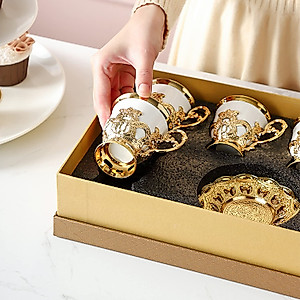 CMDHY Espresso Turkish Coffee Cups and Saucers for Women Tea Cups Set of 6 with Gift Box 2.8 Ounces (White-Golden)