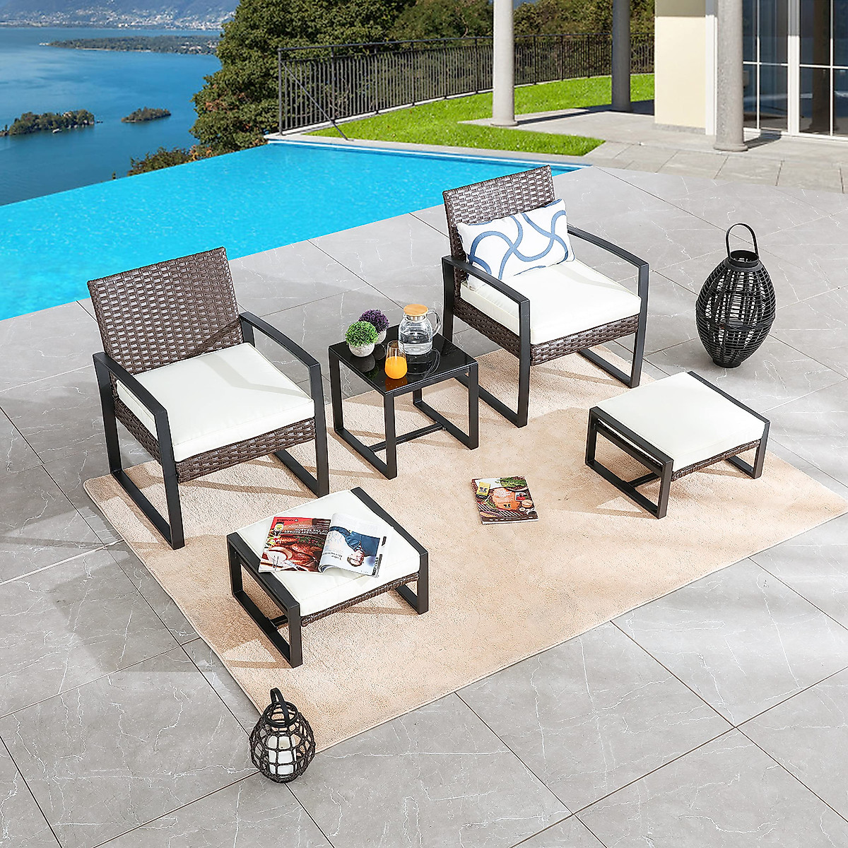 LOKATSE HOME 5 Pieces Patio Furniture, Outdoor Conversation Sets Rattan Wicker Chairs with Soft Cushion, Ottomans and Coffee Table for Balcony Poolside Front Porch Deck, Beige