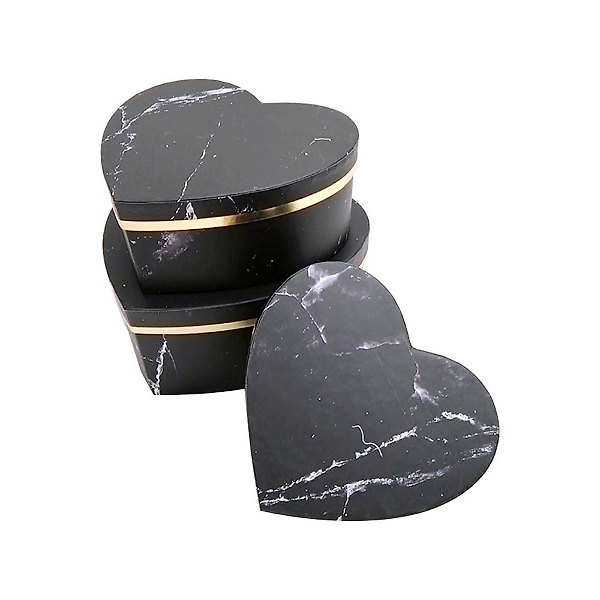 BBJ WRAPS Marble Heart Shaped Paper Flower Boxes with Lids Floral Cardboard Box Gift Packaging for Valentine's Day Florist Arrangements, Set of 3 (S/M/L) (Black)