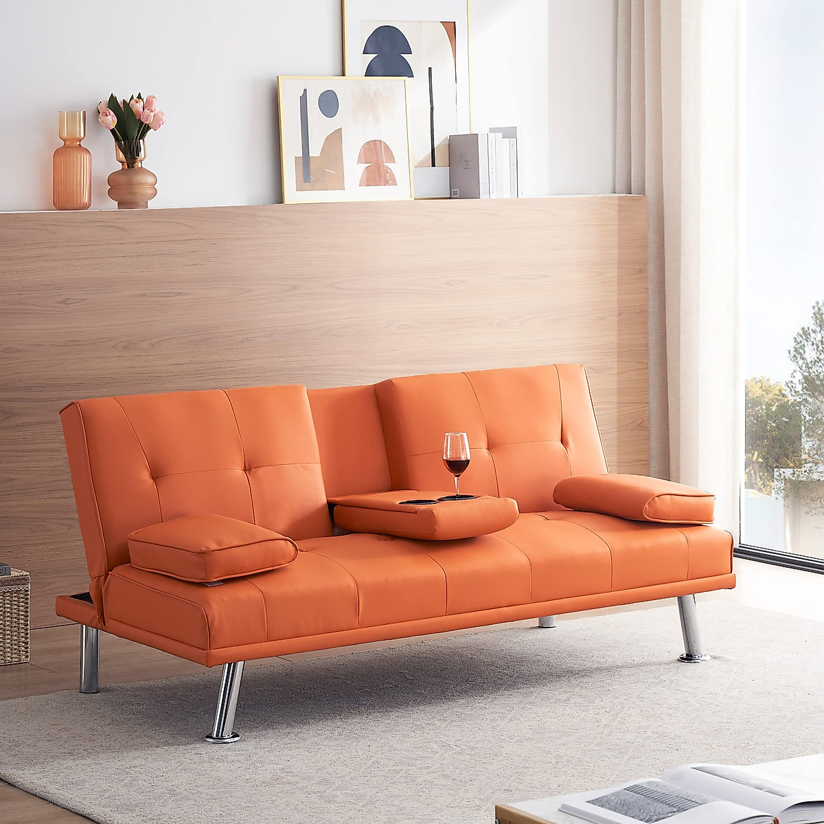 Anwickhomk 67" Multifunctional Double Folding Sofa Bed with 2 Cup holders,Leather Couch Loveseat Sleeper with Removable Armrests,Convertible Folding Couches Bed for Office Small Spaces (Orange)