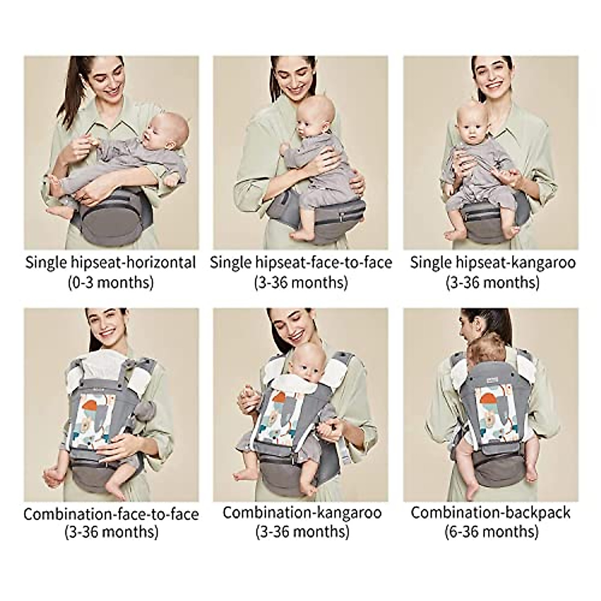 Bebamour Baby Carrier Newborn Front and Back Carry Baby Carrier Newborn to Toddler Baby Hip Carrier with Head Hood & 3 Pieces Teething Pads (Grey)