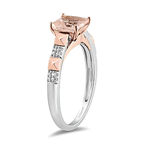Jewelili Enchanted Disney Fine Jewelry Sterling Silver and 10K Rose Gold 6 MM Cushion Center Morganite and 1/20 Cttw Natural White Round Diamonds Aurora Engagement Ring Size 7