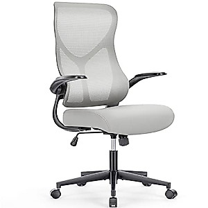 SMUG Ergonomic Desk Flip-up Arms, Breathable Mesh Computer Lumbar Support, Height Adjustable High Back Swivel Rolling Chair for Home, Office, Study, Conference, Grey