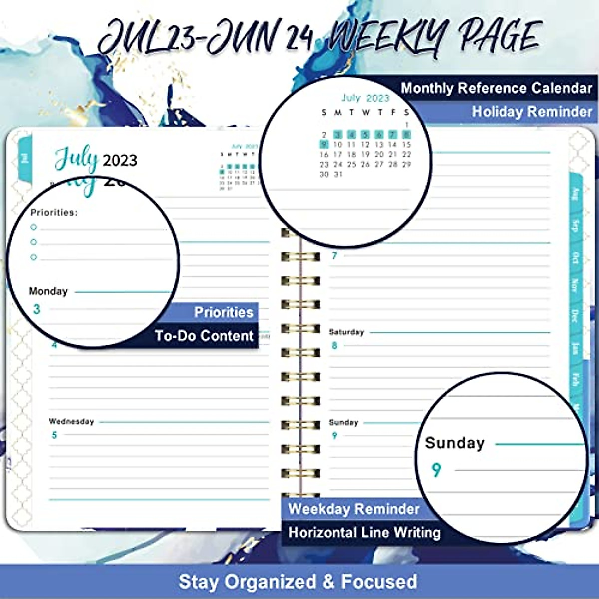 2023-2024 Planner - Academic Planner 2023-2024, July 2023 to June 2024, Weekly and Monthly Planner 2023-2024, 8.4" x 6.3", Hardcover with Back Pocket + Thick Paper + Twin-Wire Binding - Waterink