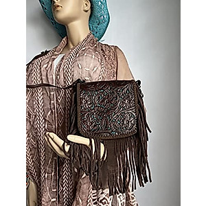 western floral tooled 100% leather fringe cross body purse (brown) Small
