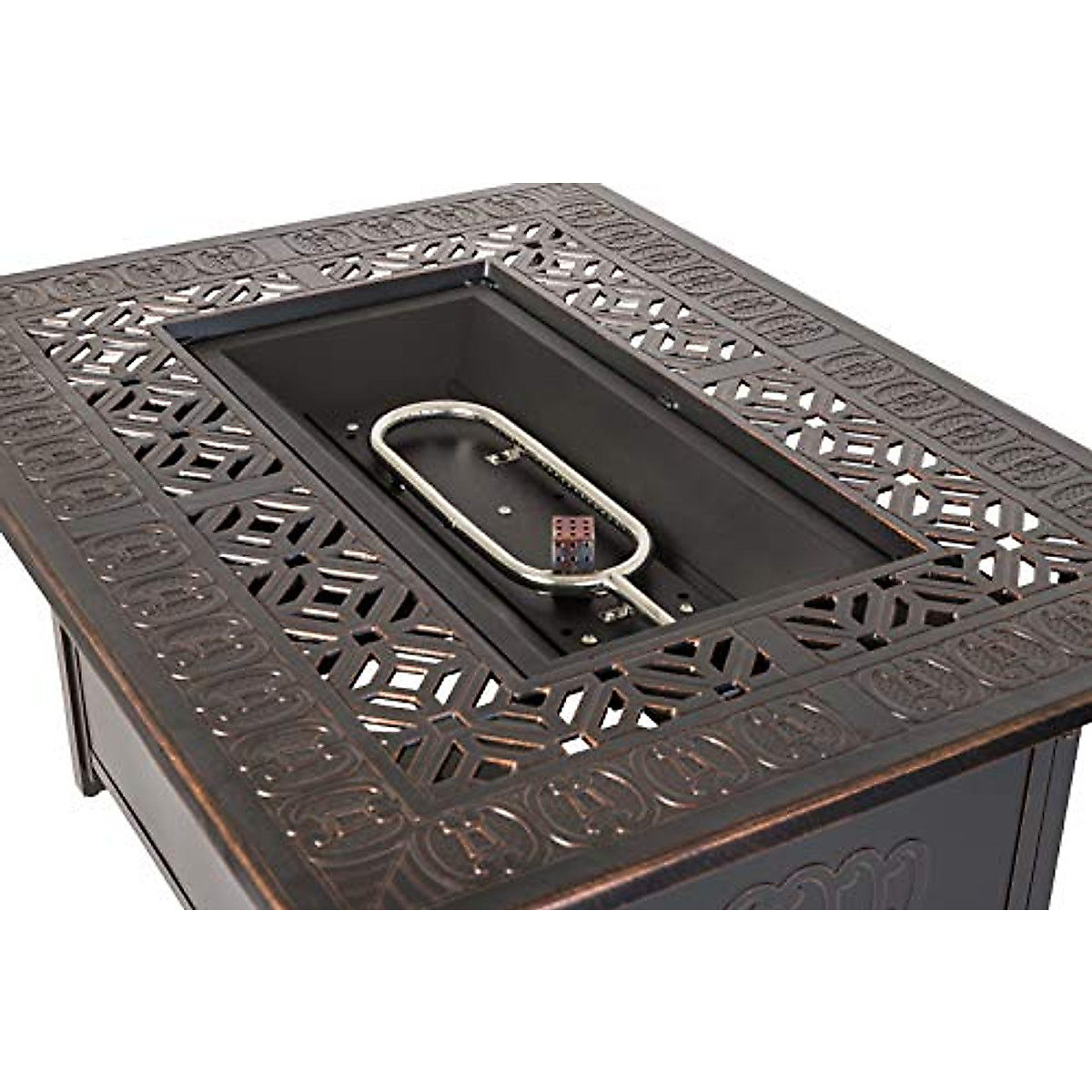 Fire Sense 62743 Dynasty Art Deco Aluminum Convertible Gas Fire Pit Table 55000 BTU Multi-Functional Outdoor Firepit with Fire Bowl Lid, Nylon Cover & Clear Fire Glass Bronze Finish - Rectangular 48"