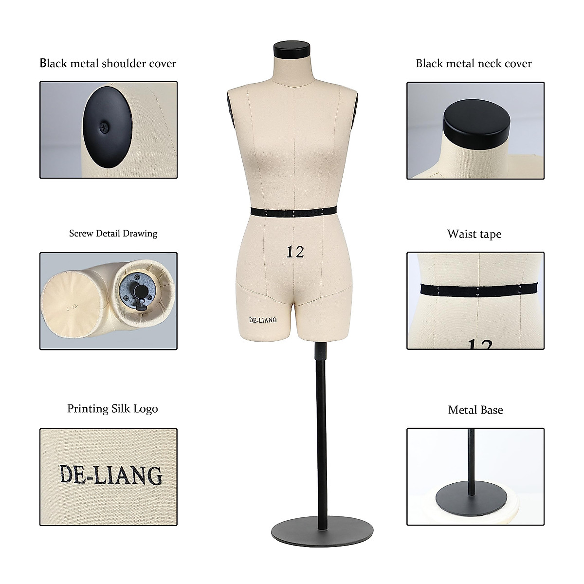 DL262 Half Scale Dress Form Size 12 (Not Adult Full zie) Mini Sewing Tailor Mannequin, Female Dressmaker Dummy, Half Size for Dress Pattern Making, Beige