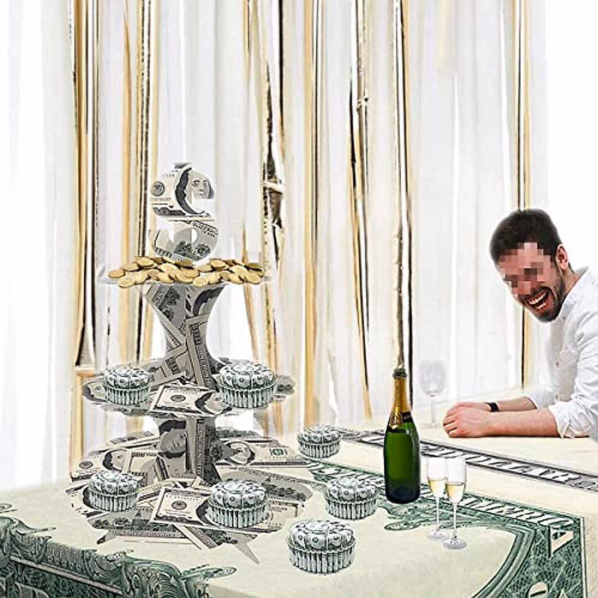 Fun Cash Money Dollar Bill Themed Cake Stand 3-Tier Grey Board Cupcake Stand Dessert Mini Cakes Candy Display Tower for Birthday Tea Party Wedding Casino Bachelorette Retirement Party