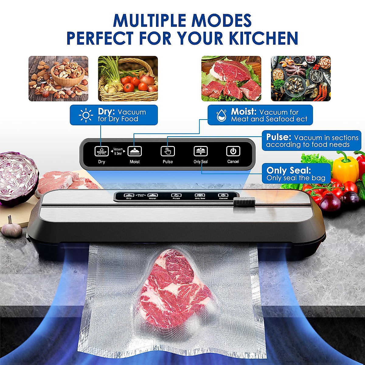 MAXDONE Vacuum Sealer Machine 80Kpa Food Vacuum Sealer for Food Storage Food Sealer Machine 5-in-1 for Dry/Moist Modes Built-in Cutter, 10 Vacuum Sealer Bags & 1 Roller Bag & 1 Air Suction Hose