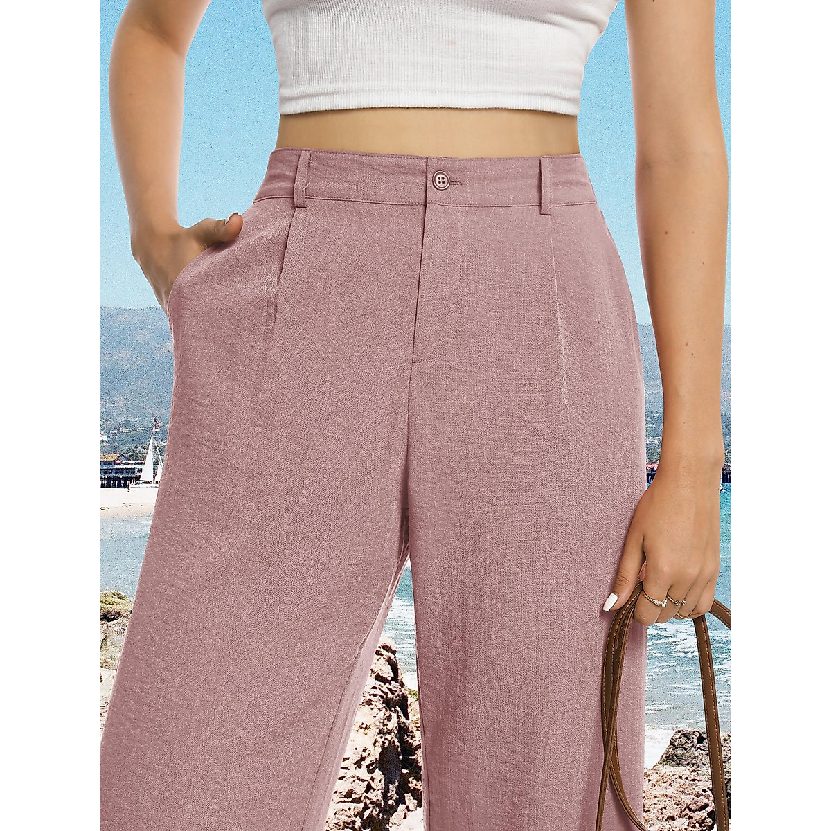 Feiersi Womens Casual Wide Leg Pants High Waisted Button Down Straight Long Trousers Palazzo Pants(Dusky Pink,X-Large)