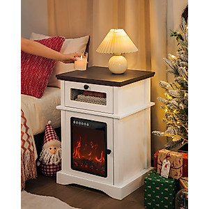 i-aplus White LED Nightstand Farmhouse Night Stand Fireplace Night Stand with Drawer LED Bedside Tables for Bedroom End Table