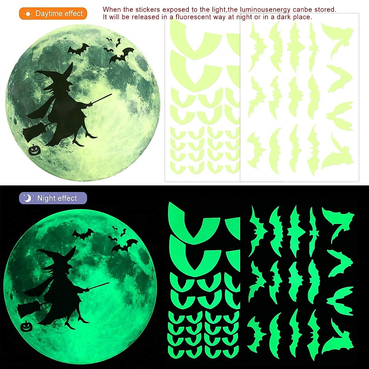 Konsait 54pcs Halloween Glow in The Dark Stickers Luminous Witch Moon Bats Peeping Eyes Wall Stickers Window Ceiling Wall Decals for Nursery Baby Kids Bedroom Halloween Bedroom Party Gift