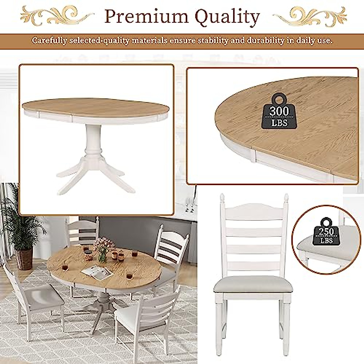 Tensun Dining Table Set, 5-Piece Retro Functional Dining Table Set, Wood Round Extendable Kitchen Table and 4 Upholstered Dining Chairs with Backrest for Kitchen, Living Room, Off White