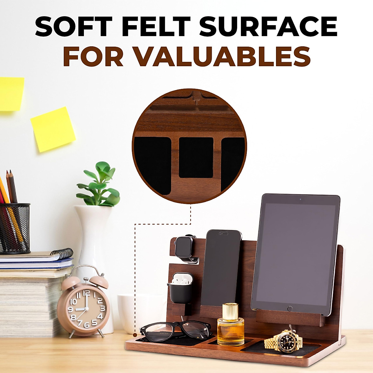 Wooden Nightstand Organizer - Nightstand organizer for men - Phone Key Stand - Mens nightstand organizer with hidden wire grooves - Nightstand Docking Station with felt lining