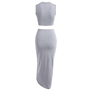 ZAFUL Women’s 2 Pieces Skirt with Crop Tank, High-Slit Twist Skirt Set Bodycon Dress for Party Club Nightout Cocktail (Grey-Ruched, Large)
