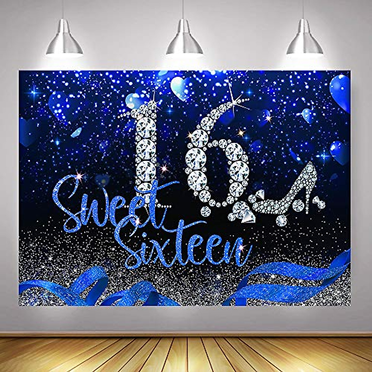 Mocsicka Sweet 16 Birthday Backdrop for Girls Blue and Silver Swwet Sixteen Decoration Happy 16th Birthday Banner Glitter Diamonds Background 16 Birthday Party Supplies (7x5ft (82x60 inch))