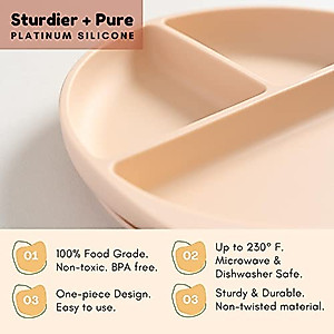 RAiN.B. MellowMate Pure Platinum Silicone Suction Plate for Baby & Toddlers｜Divided Baby Dish with 3 Compartments｜BPA-Free Non-Slip Baby Eating Supplies｜Microwave & Dishwasher Safe – Waffle Caramel