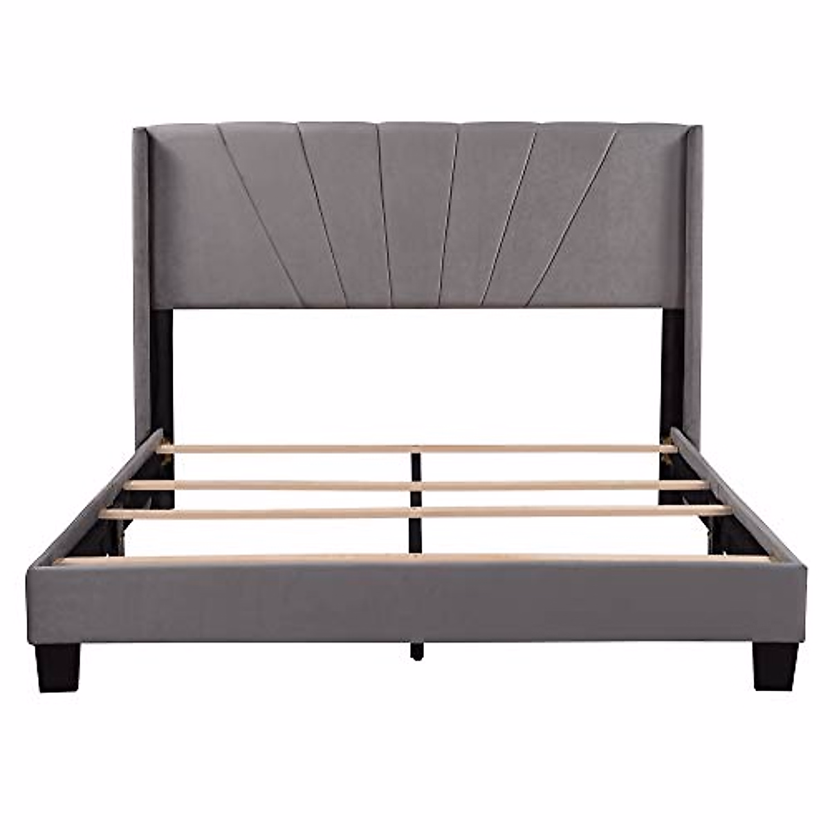 HBRR Queen Size Bed Frame with Velvet Upholstered Headboard, Low Profile Platform Bed with Wood Slats, Fully Upholstered Mattress Foundation, Noise-Free, Easy Assembly, Gray