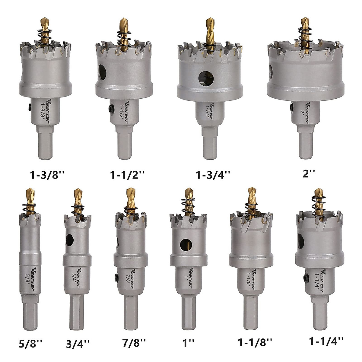Vearter 10PCS TCT Hole Saw Kit, 5/8''-2'' Carbide Bits Set with Pilot Drill, for Hard Metal, Stainless Steel, Iron, Aluminium, Alloys, Plastics