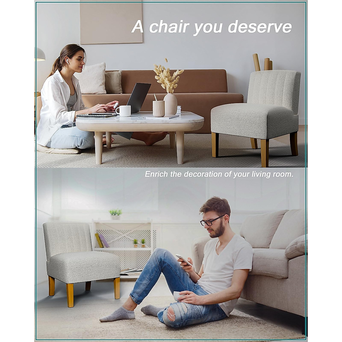 Armless Accent Chair for Bedroom, Modern Slipper Vanity Chair Living Room Chairs with Solid Wood Legs, Makeup Chair Fabric Comfy Upholstered Bedroom Chair Guest Chairs Reading Chair,Beige