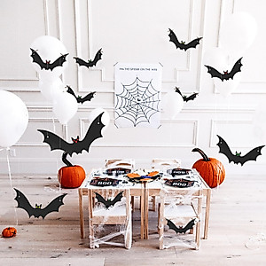 Hanging Bats Halloween Decoration Outside, Plastic Large Flying Bats with Glowing Eyes, Hanging, pasting Two Ways,Halloween Outdoor Tree Yard Porch Decoration Supplies(18 Pcs)