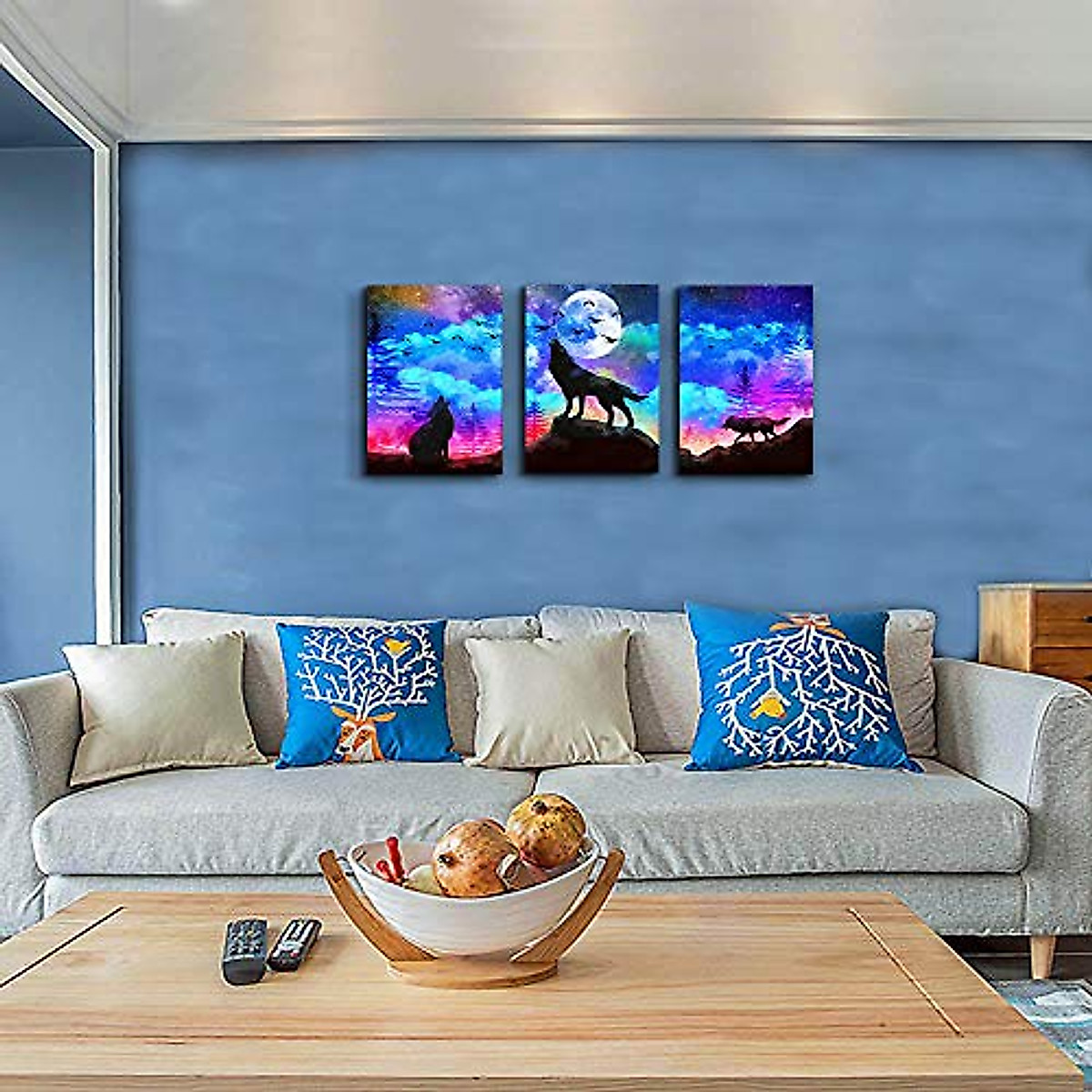 Canvas Wall Art For Living Room Bathroom Wall Decor For Bedroom Kitchen Artwork Canvas Art Prints 3 Pieces Modern Framed Office Home Decorations Blue Starry Sky Landscape Paintings Wolf Hang Pictures