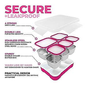 Stainless Steel Kids Bento Lunch-Box with Lunch Bag Ice Pack for Toddler Kids Adult, Leak-Proof School Lunch Container Boxes, Food Snack Containers for Child Daycare Picnic, 5 Compartment 34 oz Pink