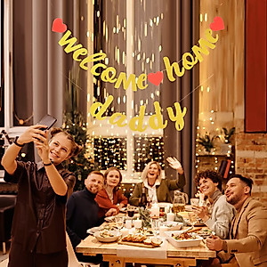 Vrogadso Welcome Home Daddy Banner Pre-Strung No DIY Rose Gold Glittery Party Decorations