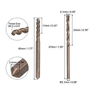 uxcell M2.5 x 0.45 Spiral Flute Tap and 2.1mm Twist Drill Bit Set, Metric M35 Cobalt High Speed Steel Machine Threading Screw Thread Tap Tool for Stainless Steel