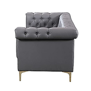 Iconic Home Winston Nail Head Tone Legs PU Leather Modern Contemporary Button Tufted with Gold Nailhead Trim Goldtone Metal Y-Shaped Feet Sofa, Grey