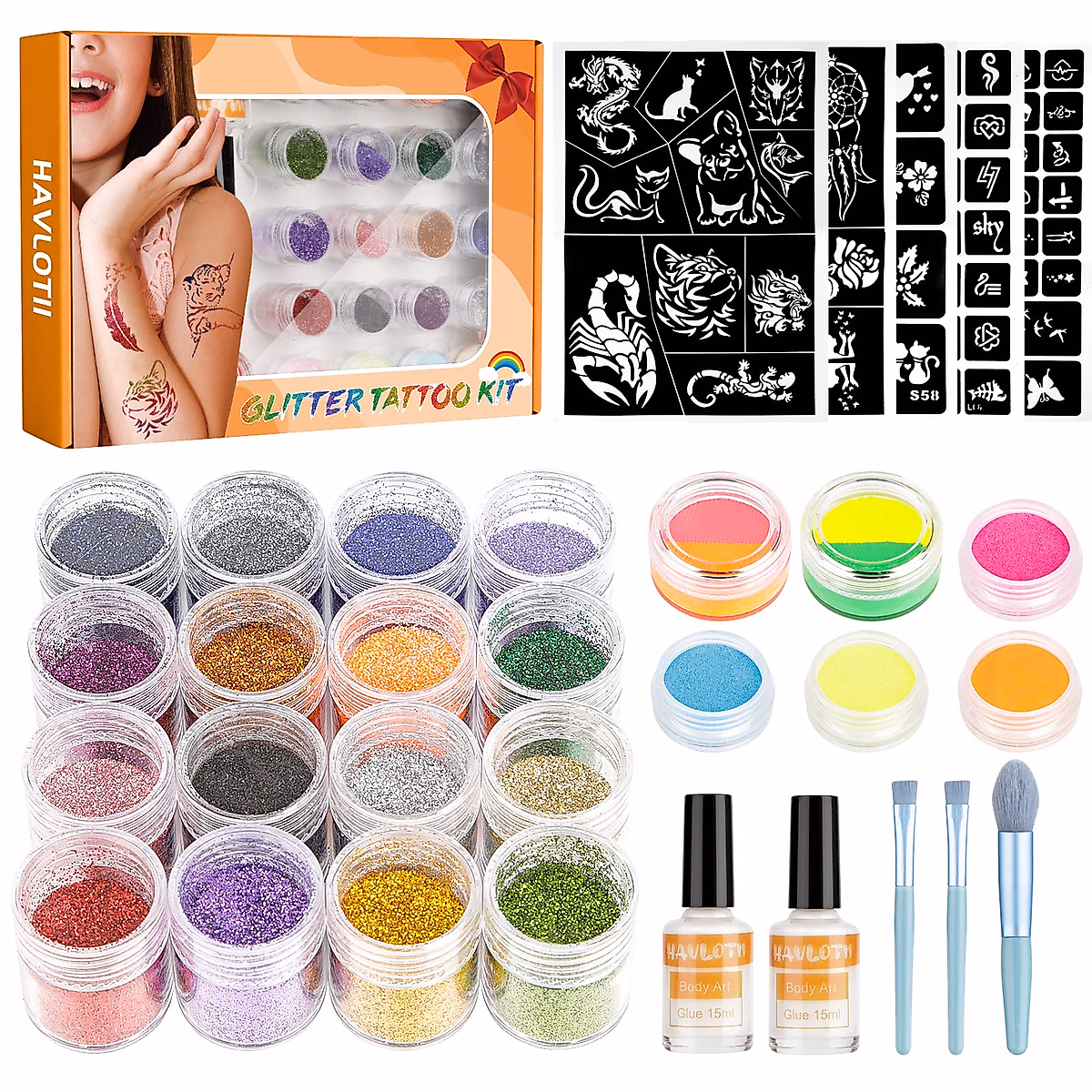 Larger Glitter Tattoo Kit - Body Glitter Temporary Tattoos Kit with Water Activated UV Reactive Body Paint & Glow Powder & Stencils & Glue, Gifts for Girls Birthday Party Festival Halloween Christmas