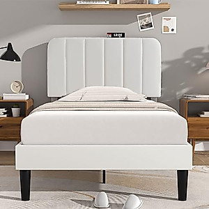 VECELO Twin Size Bed Frame with Adjustable Headboard, Velvet Heavy Duty Platform Beds with Strong Wood Slats Support, No Box Spring Needed, White