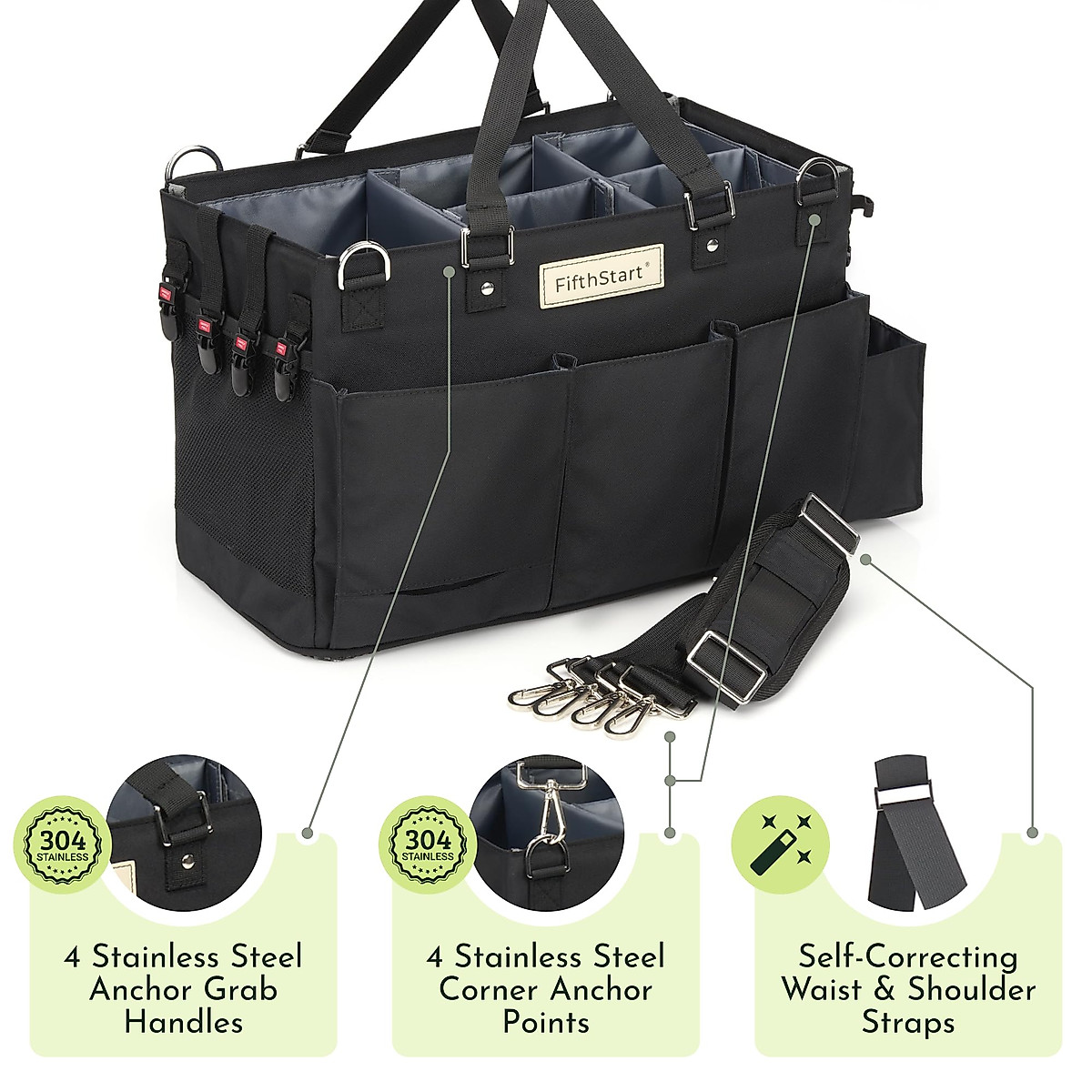 FifthStart Multiuse Cleaning Caddy with Waist & Shoulder Strap - Professional 9 Pockets Tote Bag for Housekeeping Diaper Gardening Fishing Beach Bathroom Organizer Adjustable Compartments, Black Large