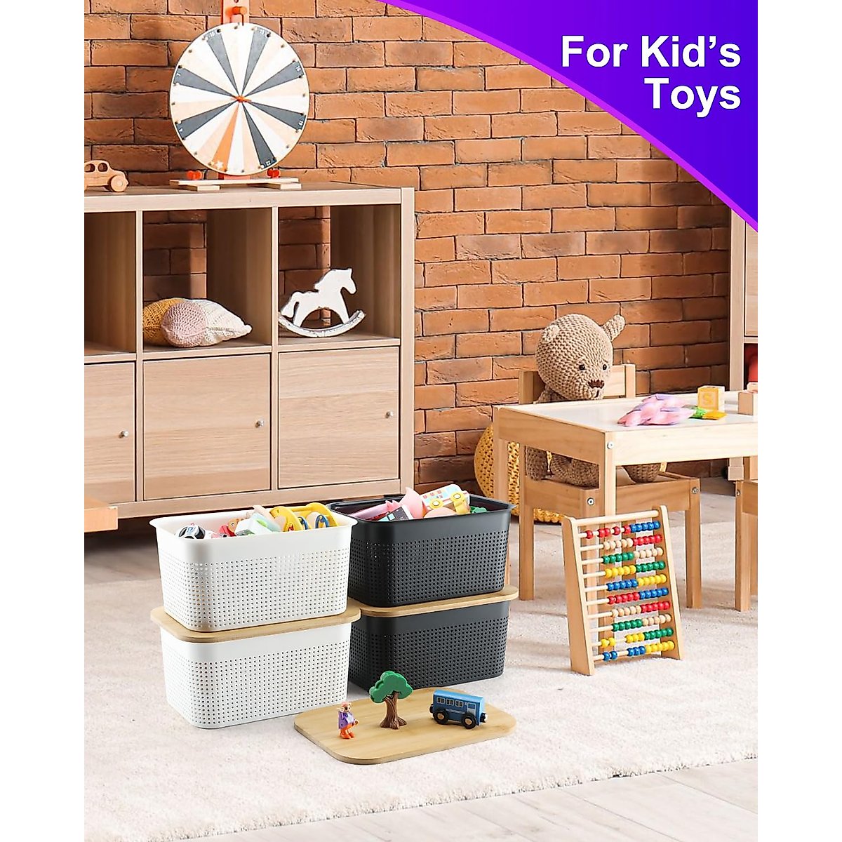 NEATJELAI Storage Bins With Lids 6 Packs Plastic Storage Containers With Bamboo Lids Stackable Storage Baskets for Organizing Desktop Closet Playroom Classroom Office,Black,10.8" L x 7.3" W x 5.1" H
