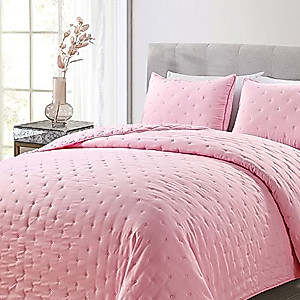 Mocaletto Reversible Quilts Set Queen Size, 3 Piece Pink Quilt with Pillow Shams, Point Pattern Microfiber Bedspread, Lightweight Soft All Season Coverlet for Bedroom,Hotel &Gift
