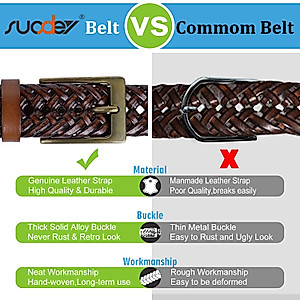 SUOSDEY Mens Braided Leather Belt Cowhide Woven Leather Belt for Casual Jeans Pants with Solid Prong Buckle,tan