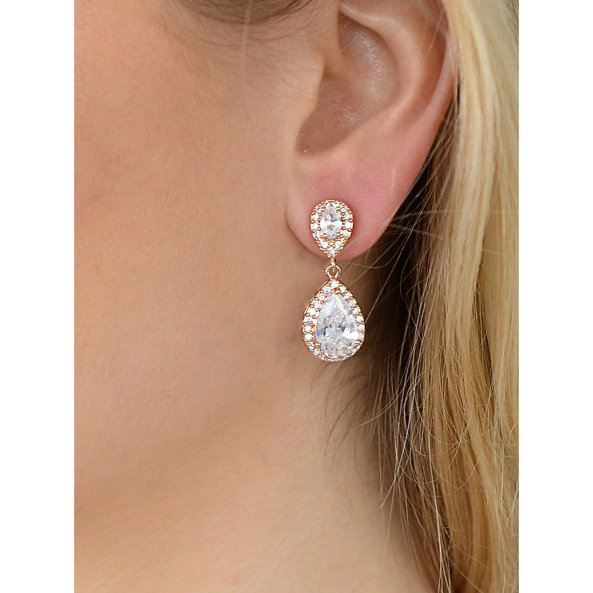 Mariell Rose Gold Cubic Zirconia Crystal Teardrop Dangle Bridal and Wedding Earrings, CZ Jewelry for Brides, Bridesmaids, Homecoming, Prom and Dressy Everyday Wear